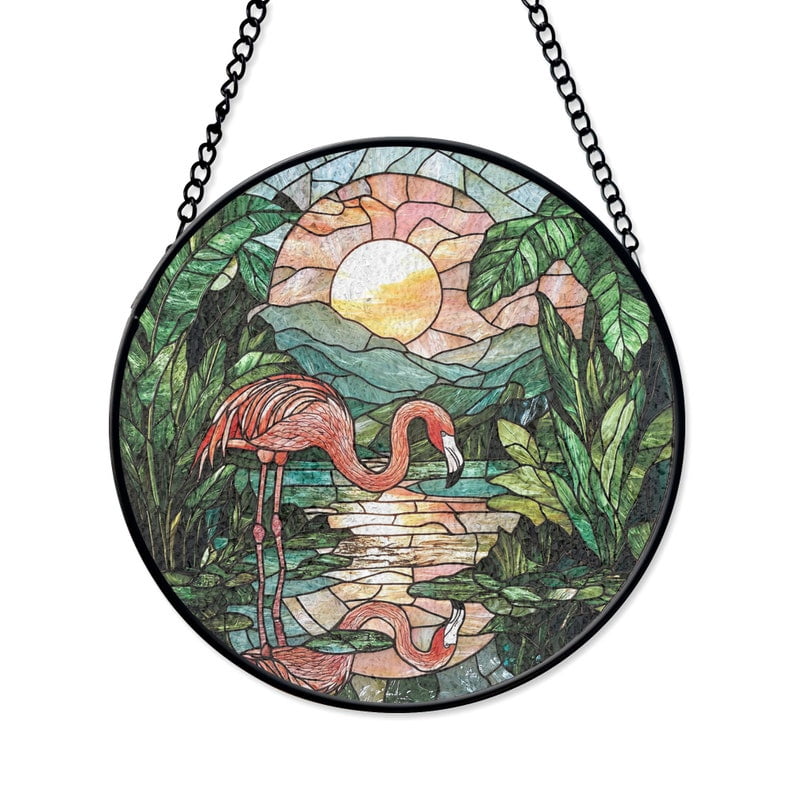 Stained Glass Flamingo and Tropical Sunset Window Hanging, Elegant ...