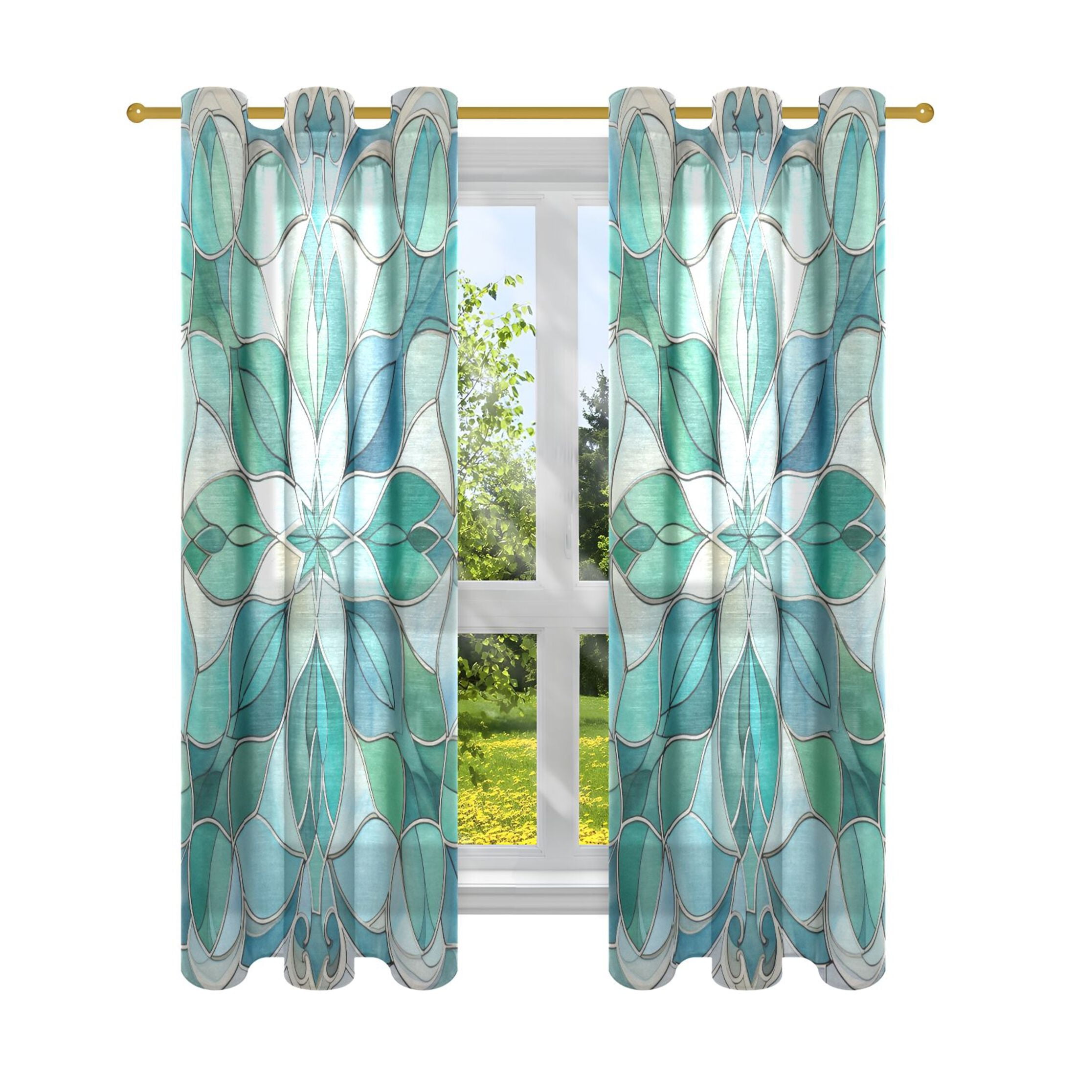 Stained Glass Flower Sheer Curtains 2 Panels Set Grommet Drapes for ...