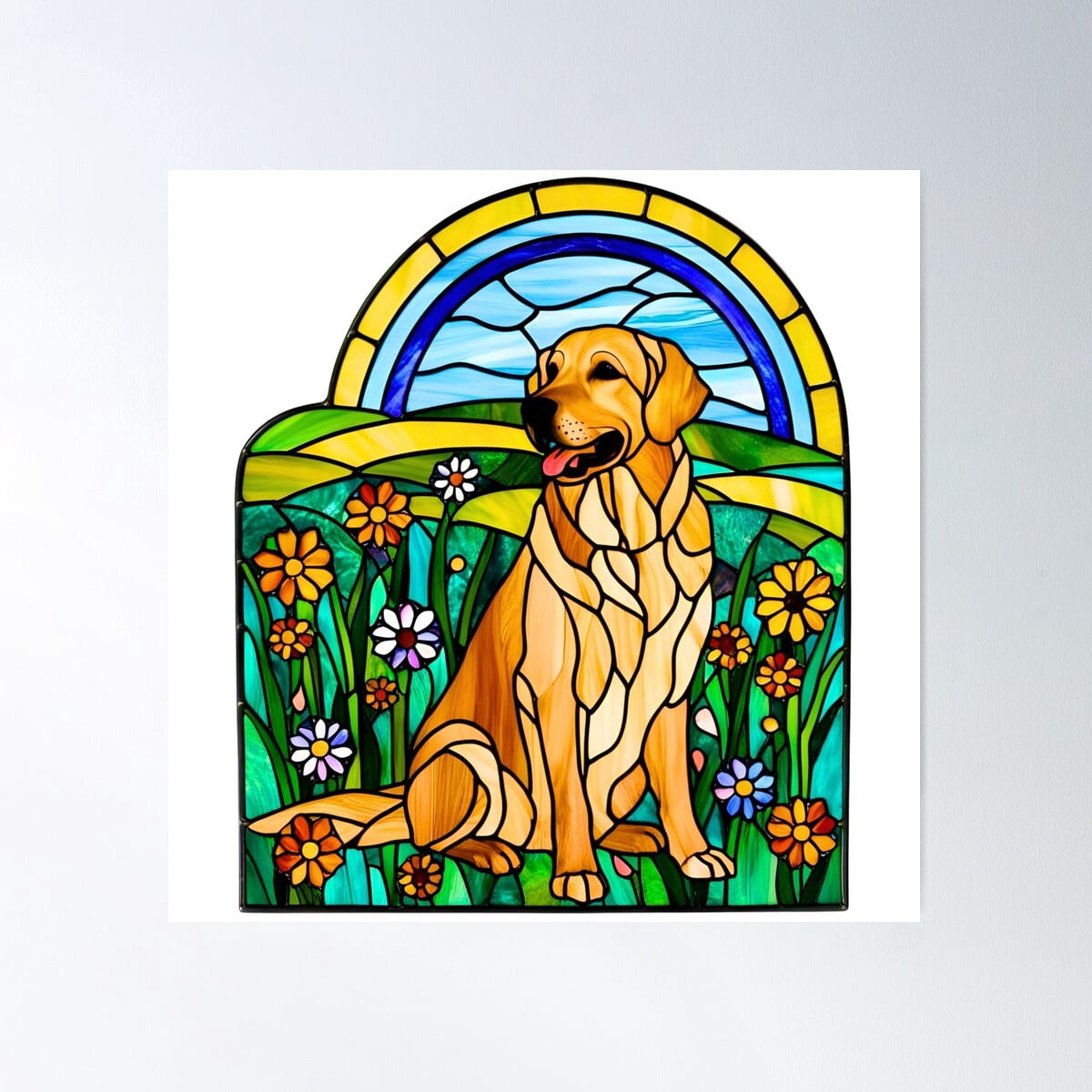 Stained Glass Golden Retriever In A Vibrant Wildflower Field Poster ...