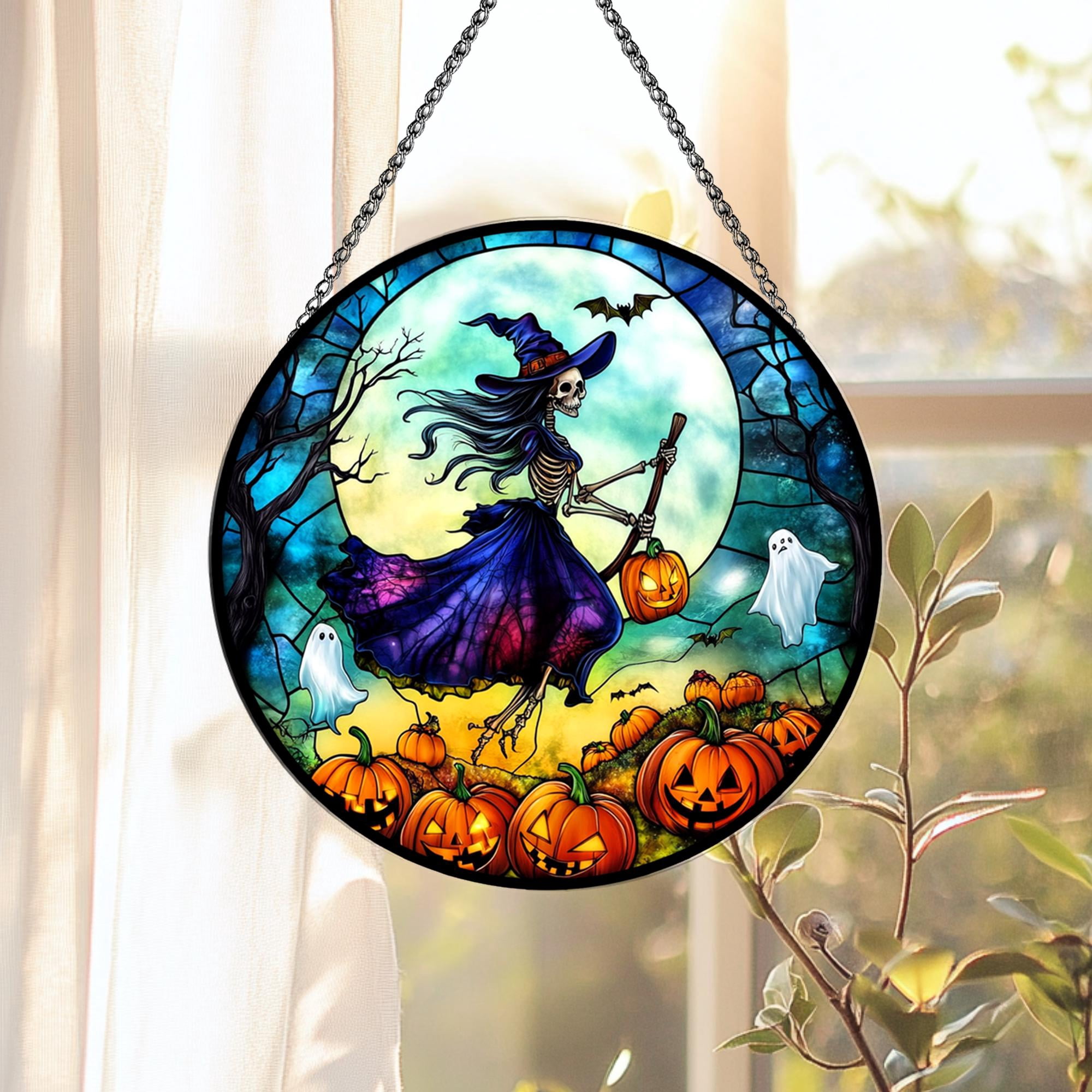 Stained Glass Halloween Witch Window Hanging Decoration with Pumpkins ...