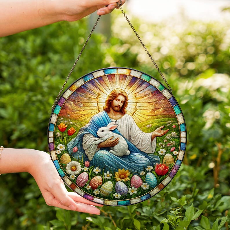 Stained Glass He is Risen Suncatcher, Easter Jesus and Rabbit Decor ...