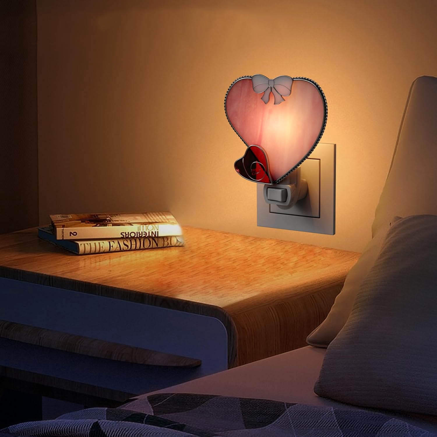 Stained Glass Heart Night Light Plug into Wall Dusk to Dawn Warm Pink ...