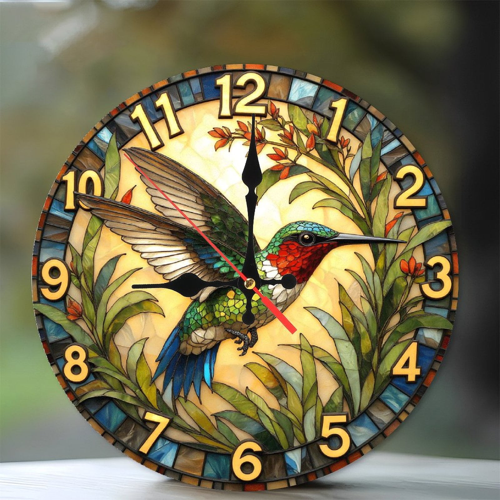 Stained Glass Hummingbird Wall Clock Decorative 10-Inch Silent Wooden ...