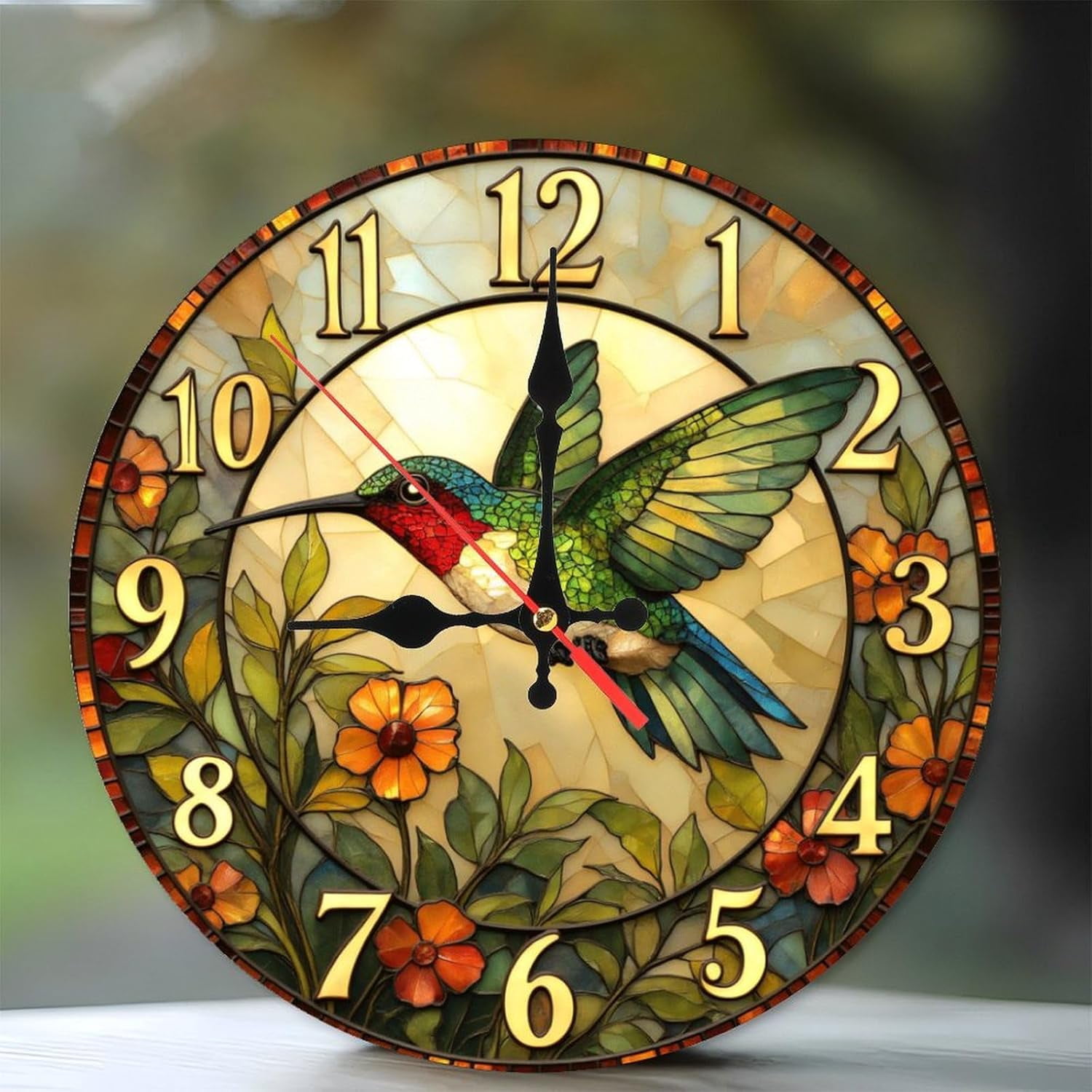 Stained Glass Hummingbird Wall Clock with Flowers10-Inch Wooden Wall ...