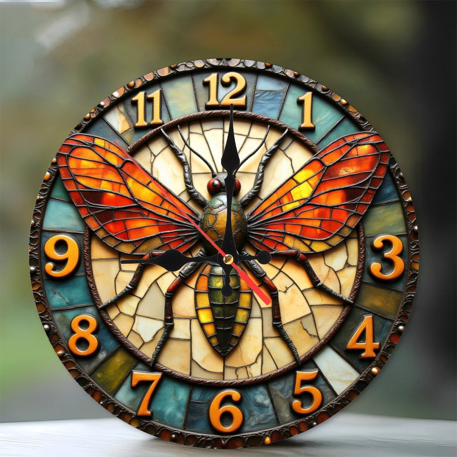 Stained Glass Insect Wall Clock Art Decor 10-Inch Silent Wooden Wall ...