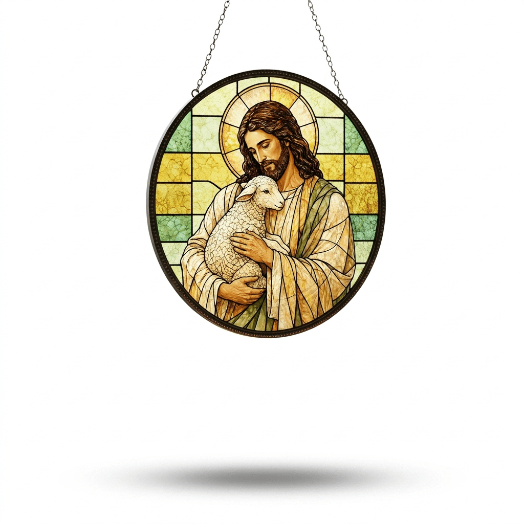 Stained Glass Jesus Holding Lamb Suncatcher, Good Shepherd Round Window ...