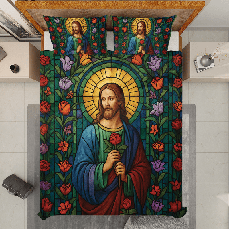Stained Glass Jesus Quilt Bedding Set - Rose Religious Christian Quilt ...
