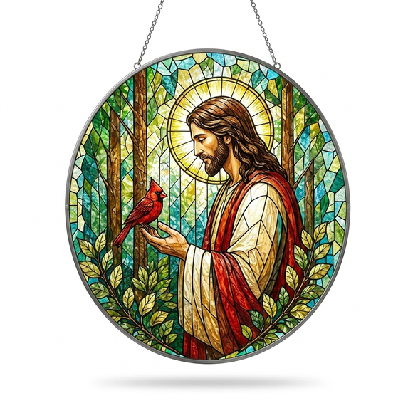 Stained Glass Jesus with Red Cardinal Suncatcher, Round Religious ...