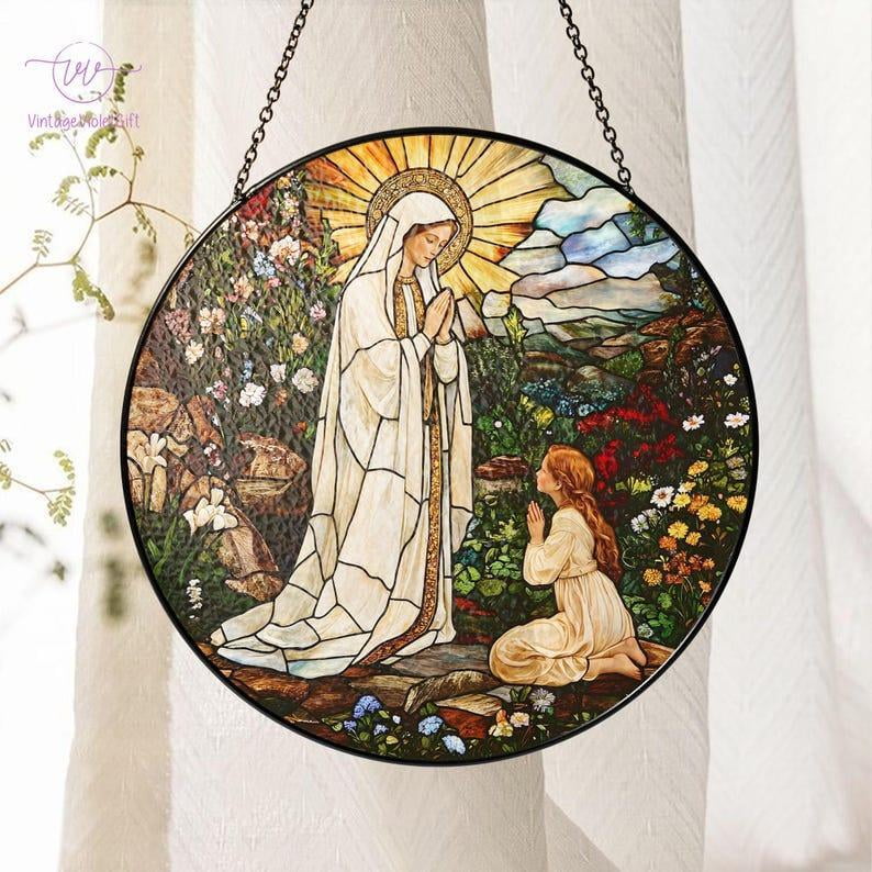 Stained Glass Lady of Lourdes Suncatcher,Virgin Mary Religious Window ...
