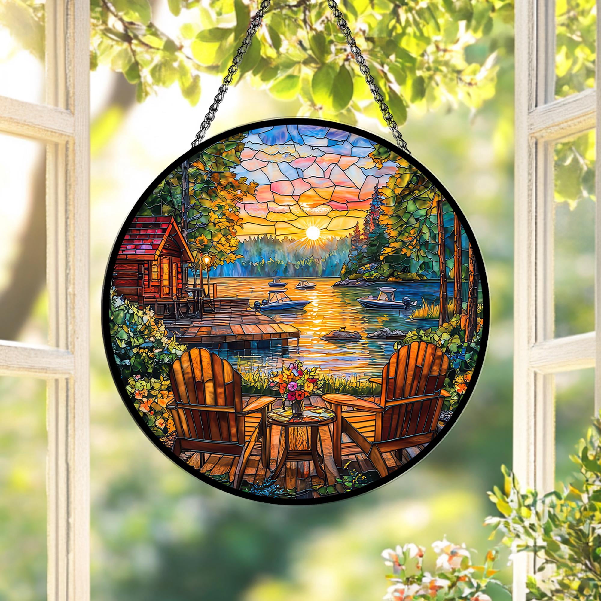 Stained Glass Lake Cabin Sunset Window Hanging Decoration Round ...