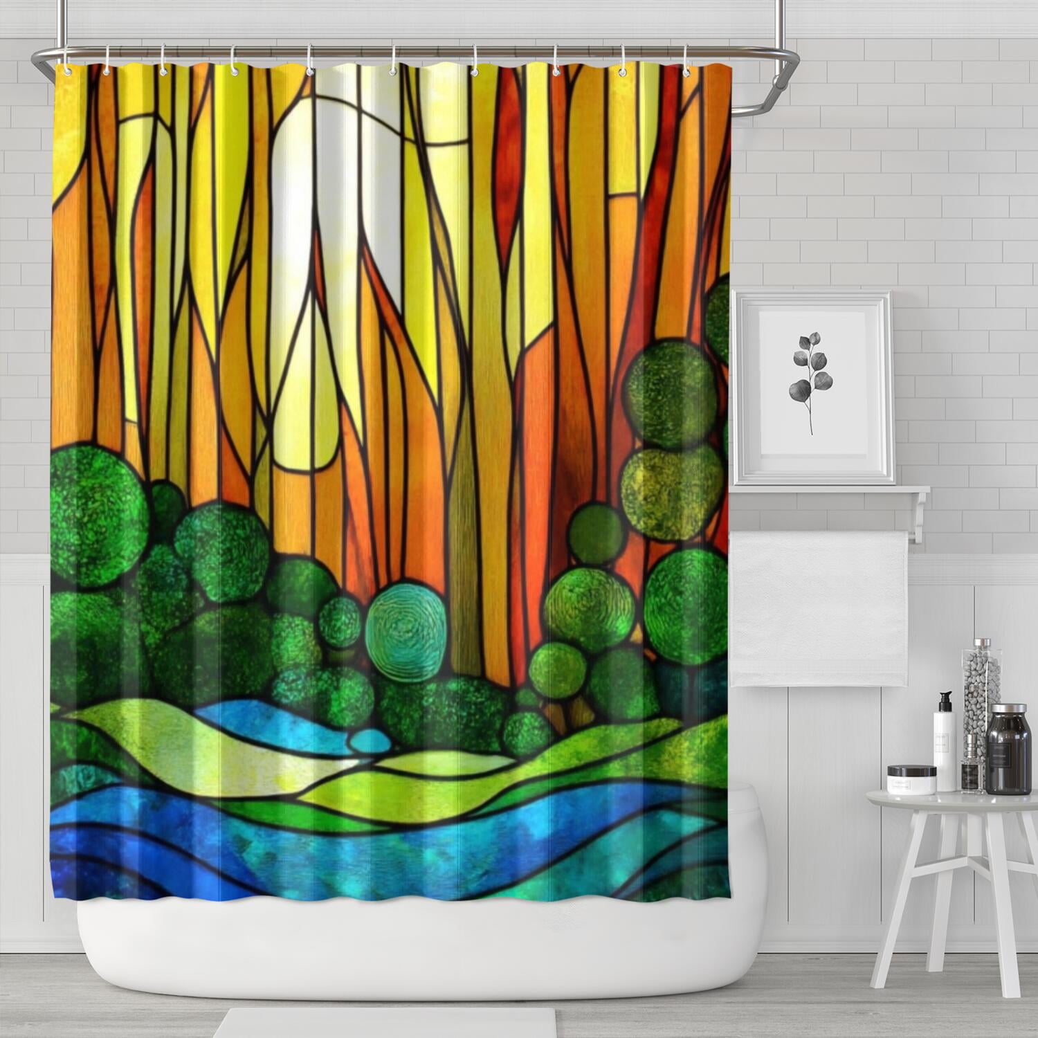 Stained Glass Landscape 84x72in Shower Curtain,Bathroom Decorative ...