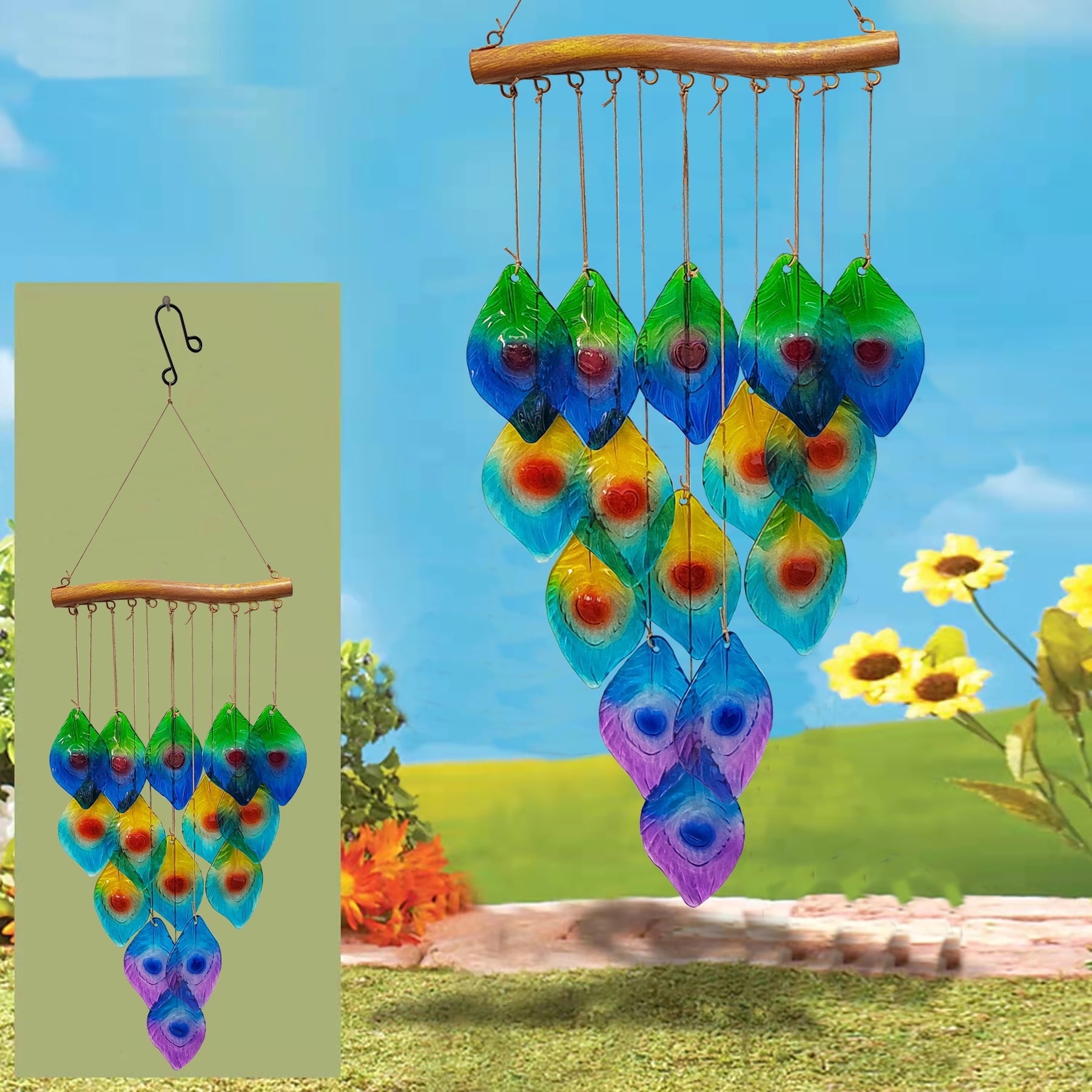 Stained Glass Peacock Feathers Wind Chimes for Outside Decor, Unique ...
