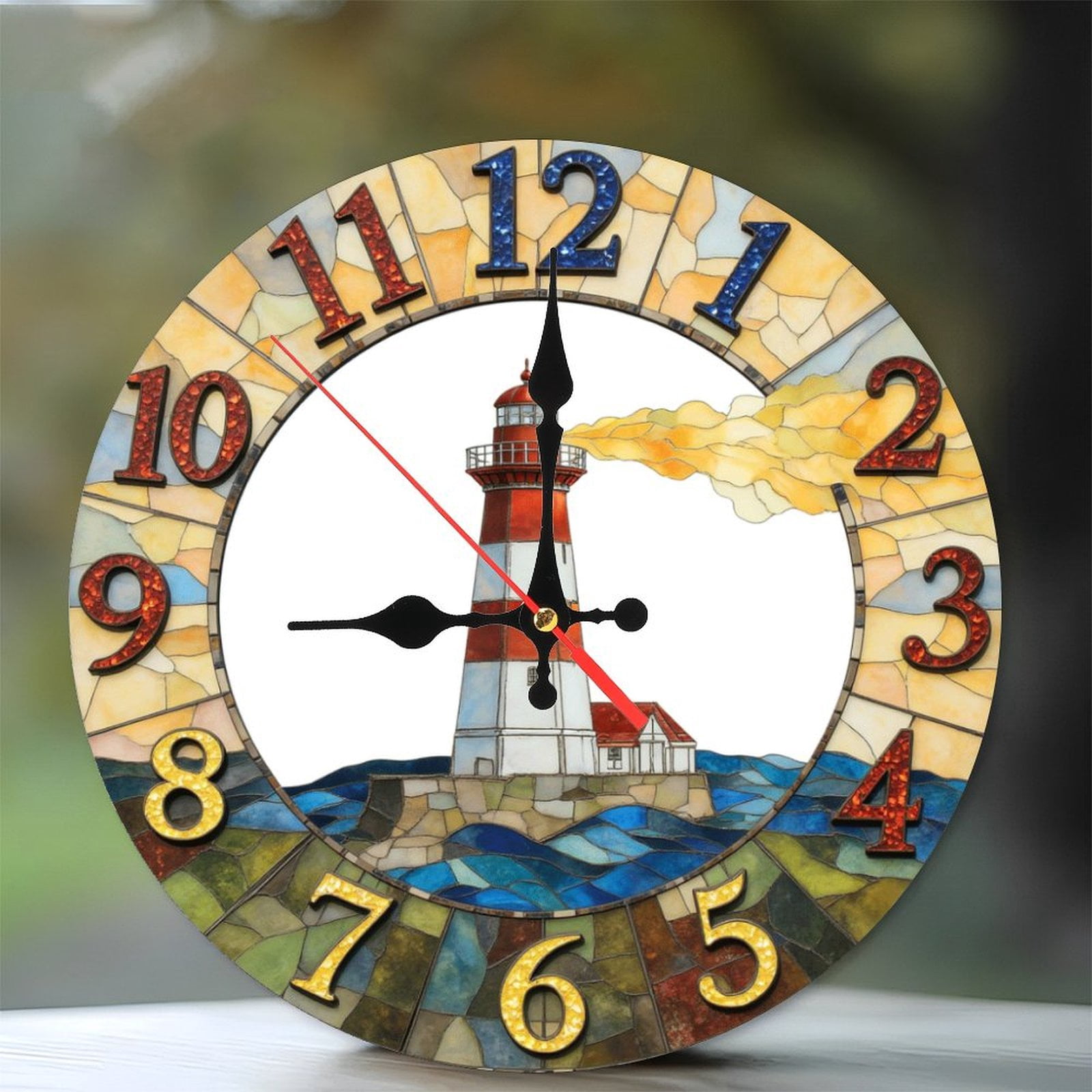 Stained Glass Lighthouse Wall Clock Decor 10-Inch Silent Wooden Wall ...