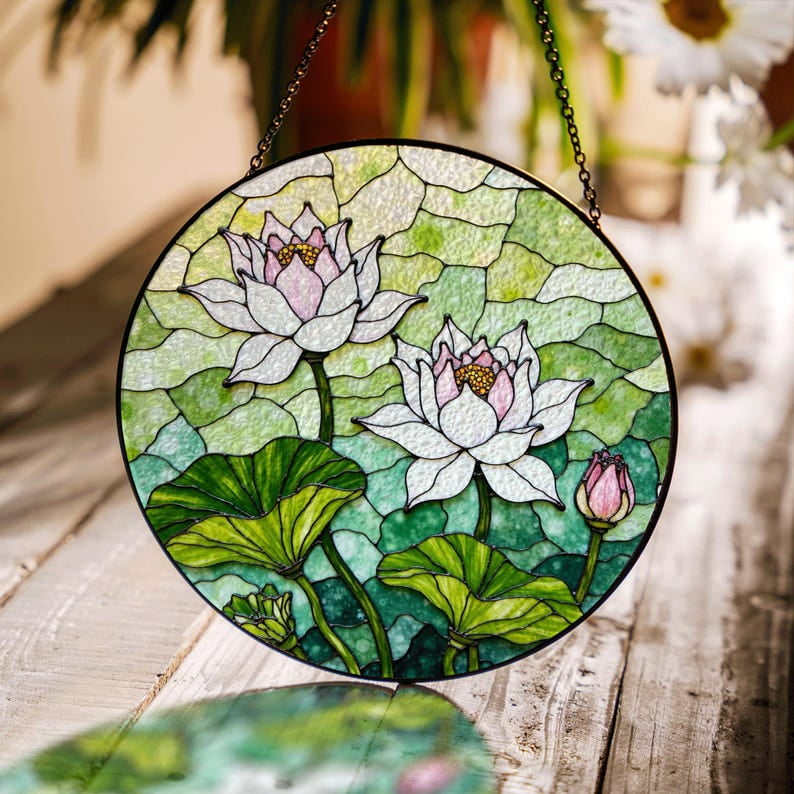 Stained Glass Lotus Suncatcher Handcrafted in Vibrant Green and White ...