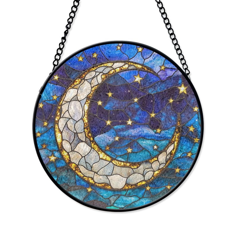 Stained Glass Moon and Stars, Celestial Window Hanging, Night Sky Decor ...
