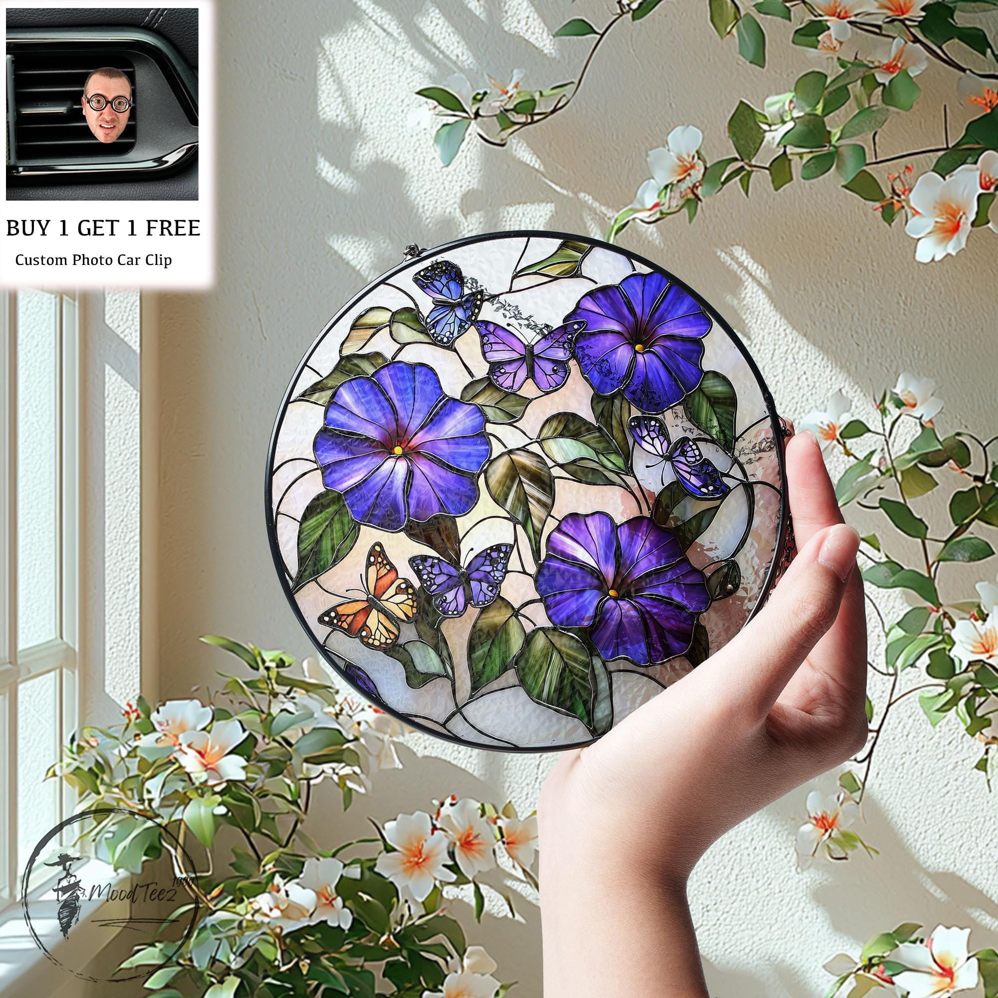 Stained Glass Morning Glory & Butterfly Suncatcher: Vibrant Window Art ...