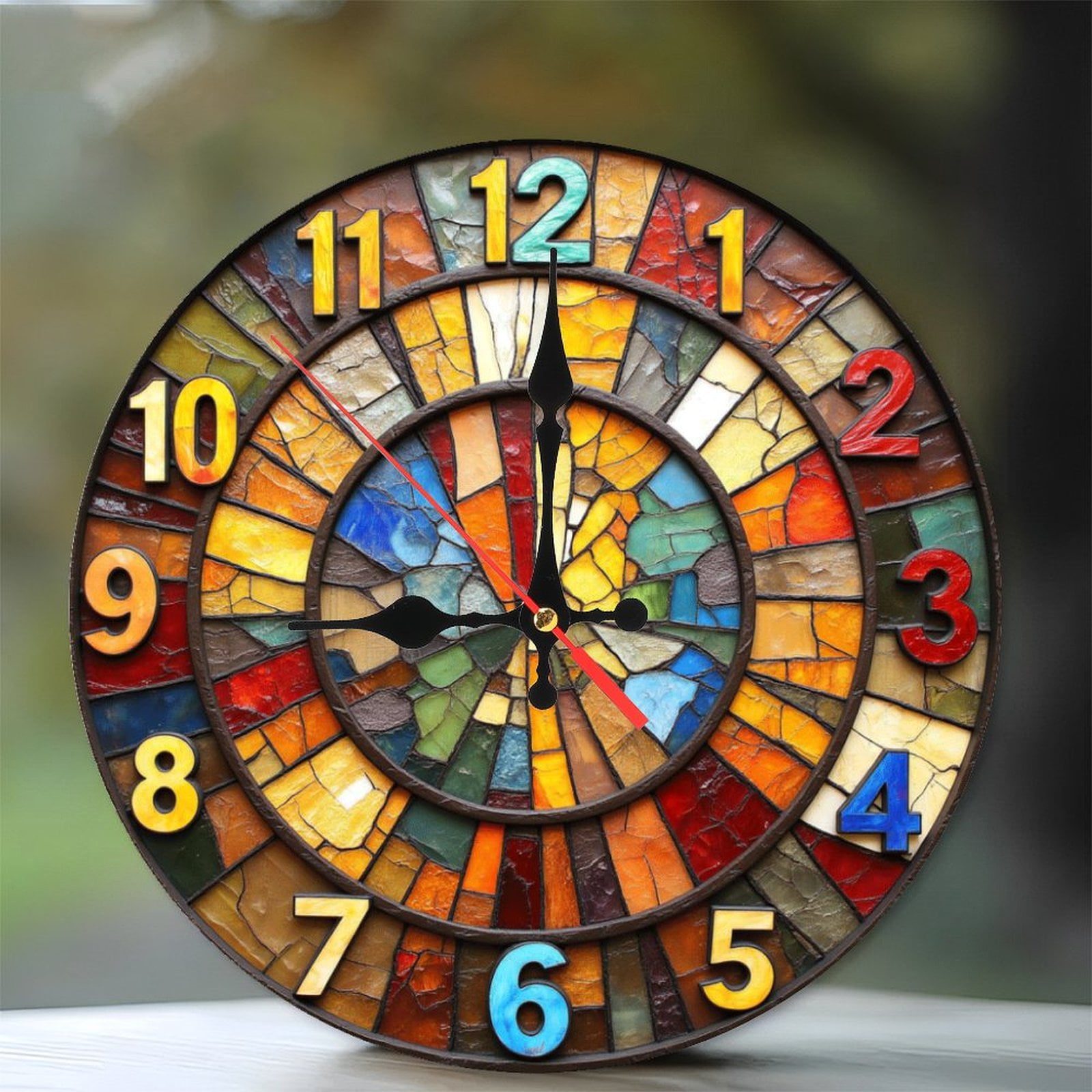Stained Glass Mosaic Wall Clock Home Decor 10-Inch Silent Wooden Wall Clock, Battery Operated ...