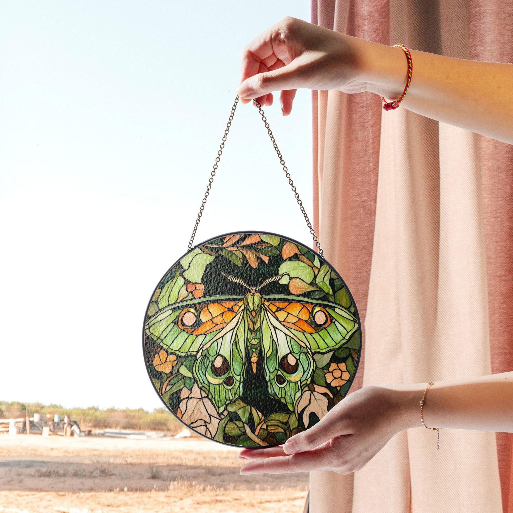 Stained Glass Moth Panel with Lush Green and Orange Details, Nature ...