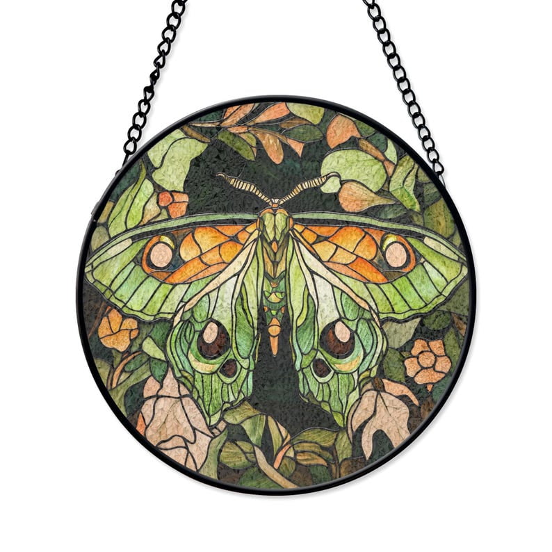 Stained Glass Moth Panel with Lush Green and Orange Details, Nature ...