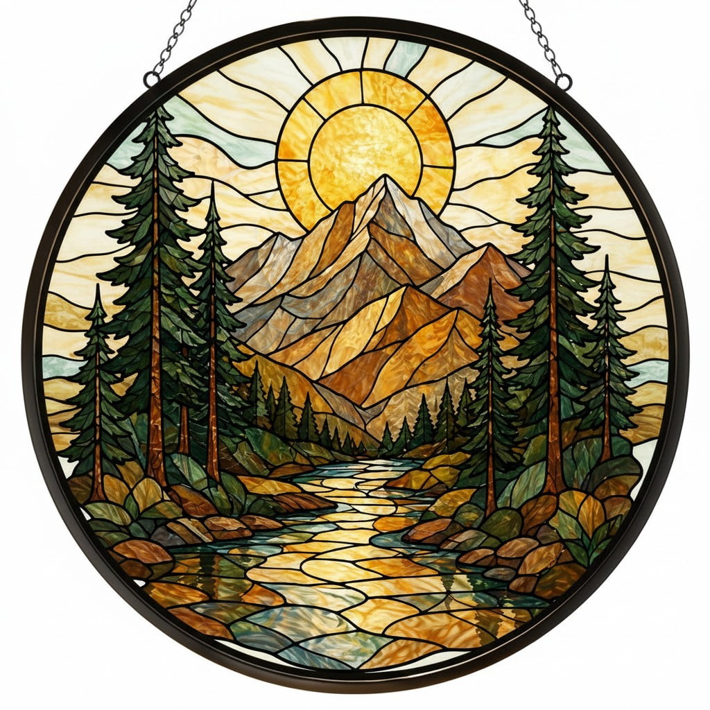 Stained Glass Mountain Sunset Suncatcher, Round Forest and River Window ...