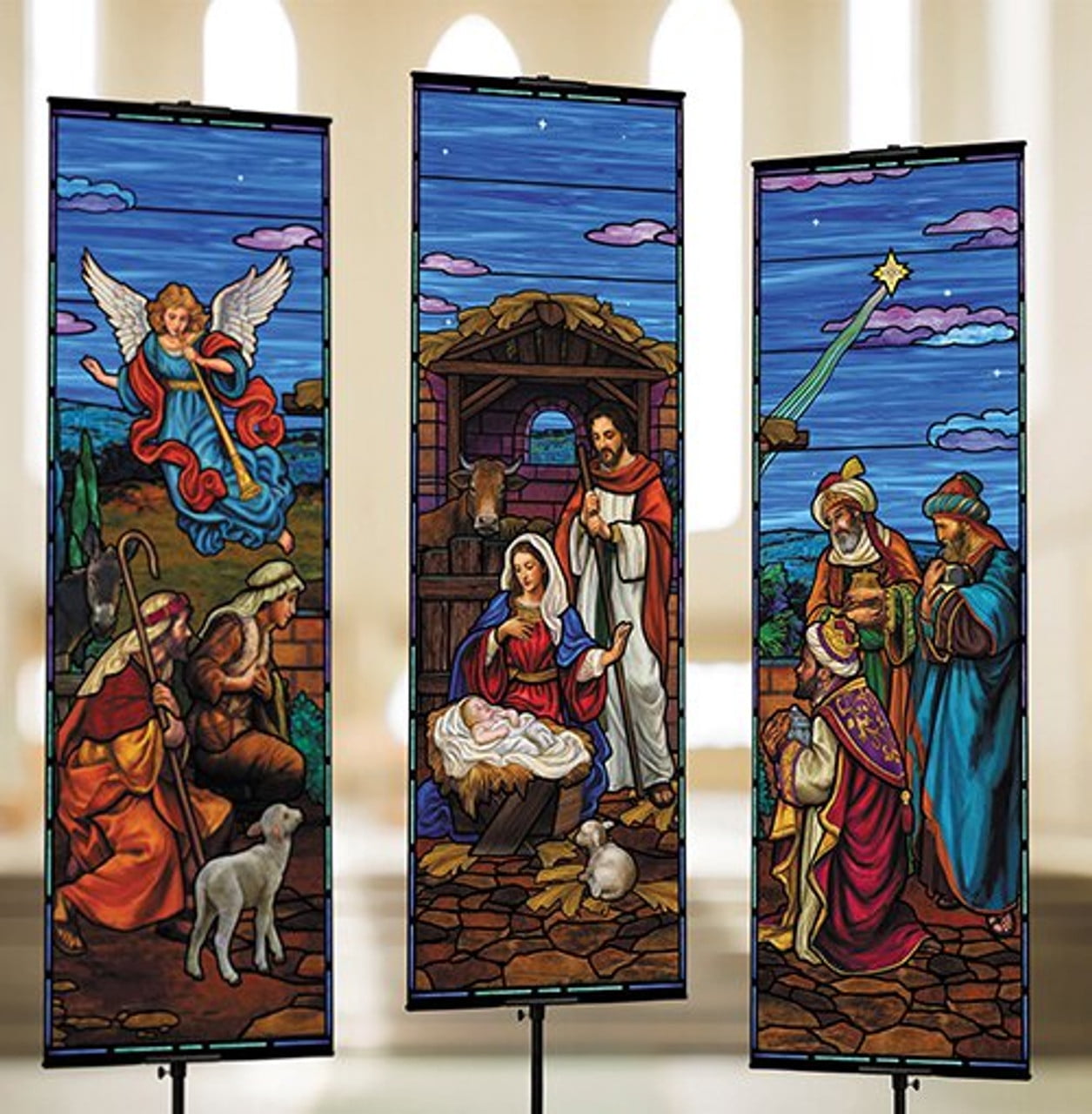Stained Glass Nativity Scene Church Banner Set with Pole Hems, Set of 3 ...