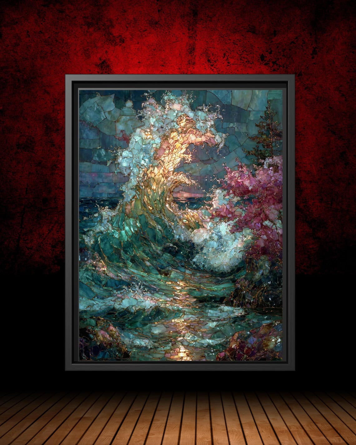 Stained Glass Ocean With Blossom Tree Poster, Wave Art Mosaic, Luminous ...