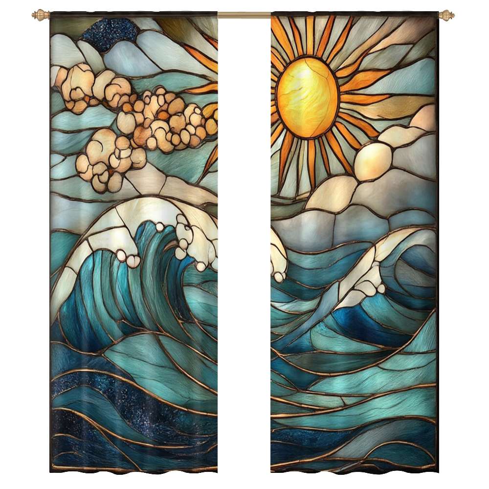 Stained Glass Ocean Sun Waves Art Sheer Voile Curtain Window Tulle ...