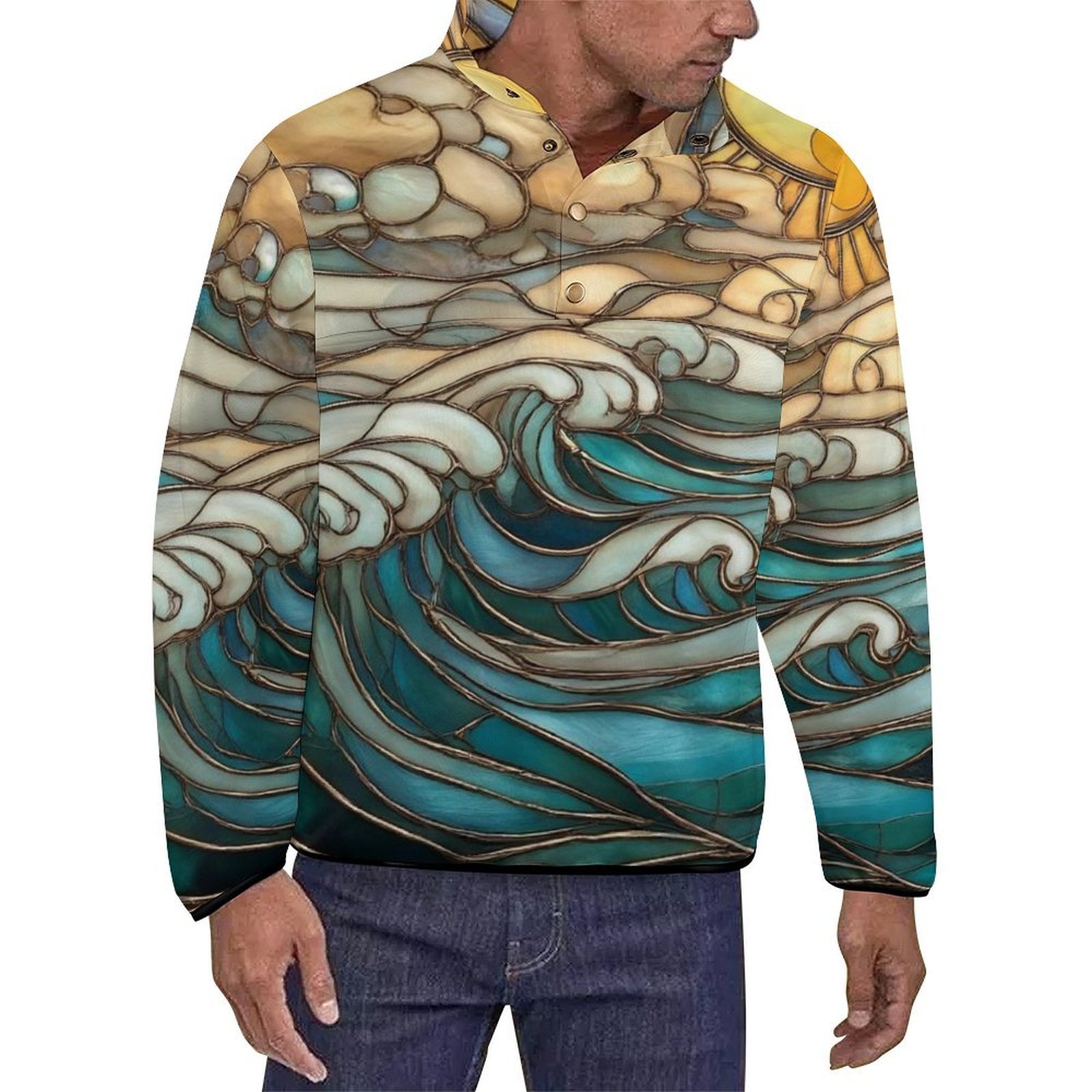 Stained Glass Ocean Sunrise Waves Men's Stand Collar Sweater Long ...