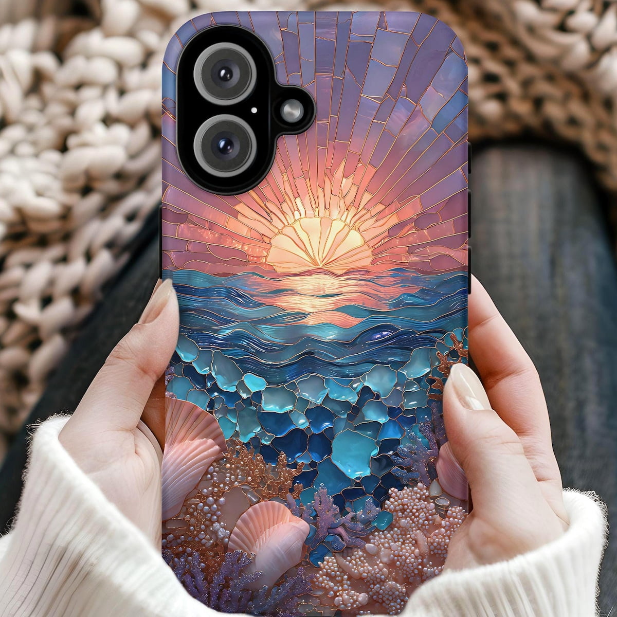 Stained Glass Ocean Sunset Seashell Coral Case with iPhone 17 to 11 Pro ...
