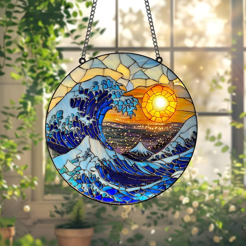 Stained Glass Ocean Wave Window Hanging, Great Wave Inspired Suncatcher ...