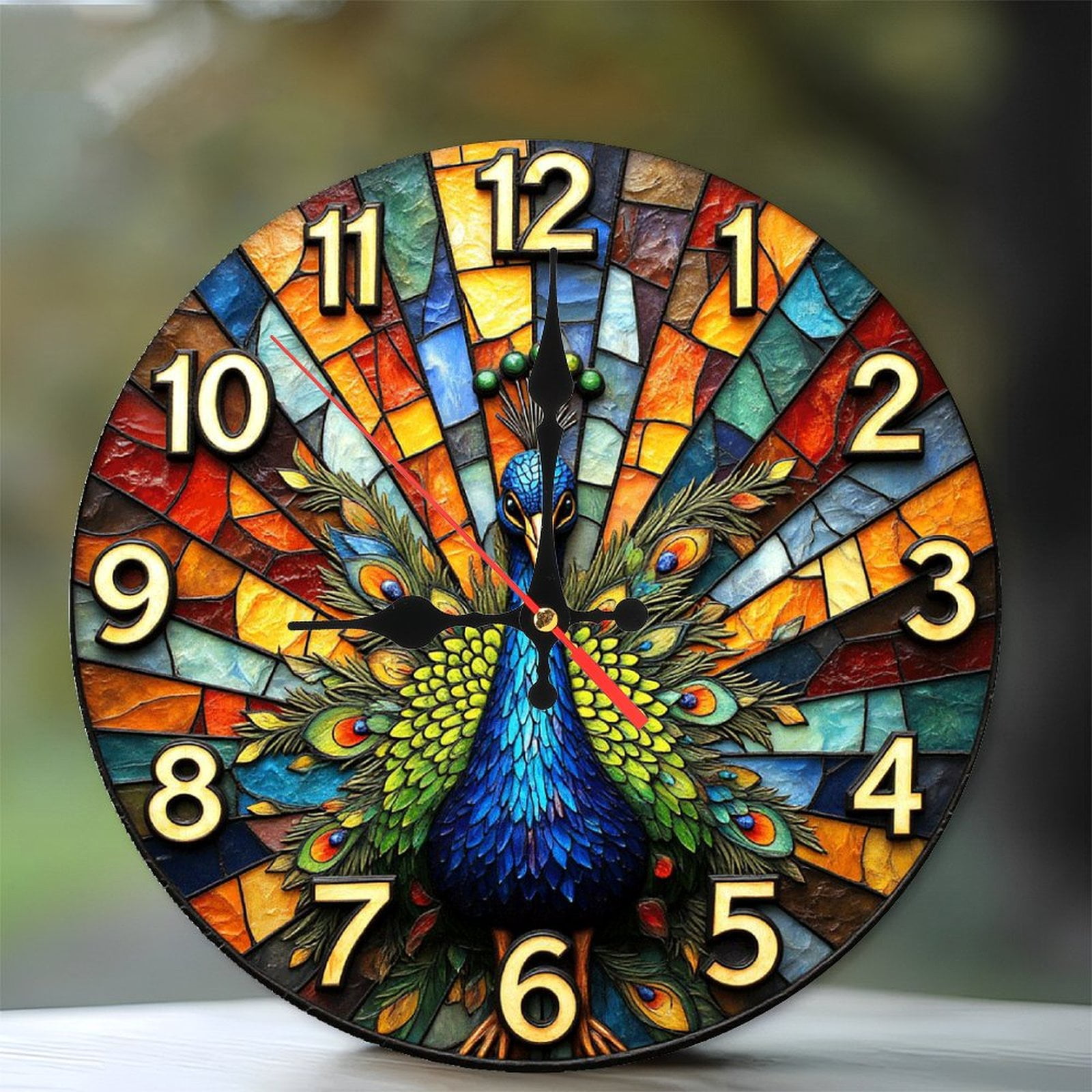 Stained Glass Peacock Wall Clock Art Decor 10-Inch Silent Wooden Wall ...