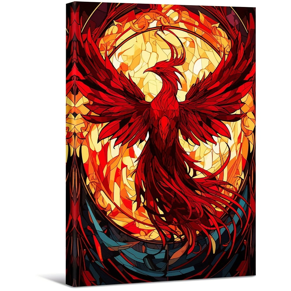 Stained Glass Phoenix In Shades Of Red And Orange. Large Wooden Framed ...