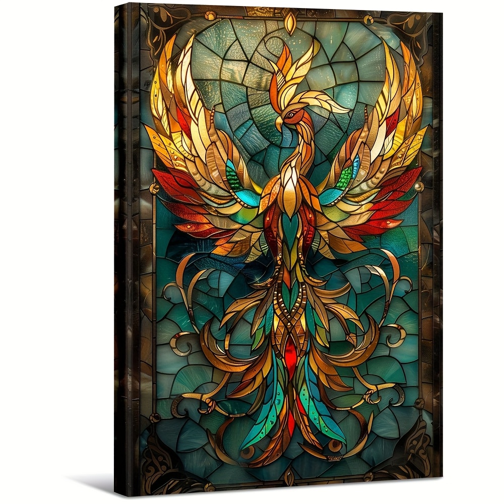 Stained Glass Phoenix With Spread Wings. Large Wooden Framed Wall Art ...