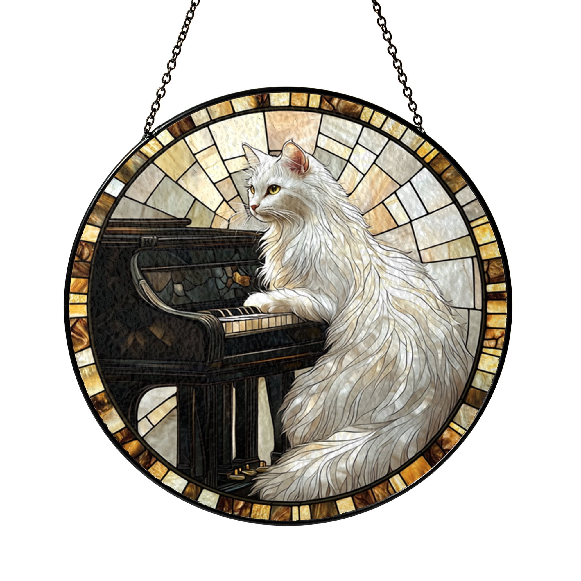 Stained Glass Piano Cat Window Decor, Playful Music Theme Art for ...
