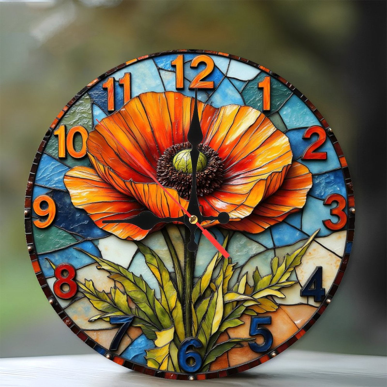 Stained Glass Poppy Flower Wall Clock Home Decor 10-Inch Silent Wooden ...