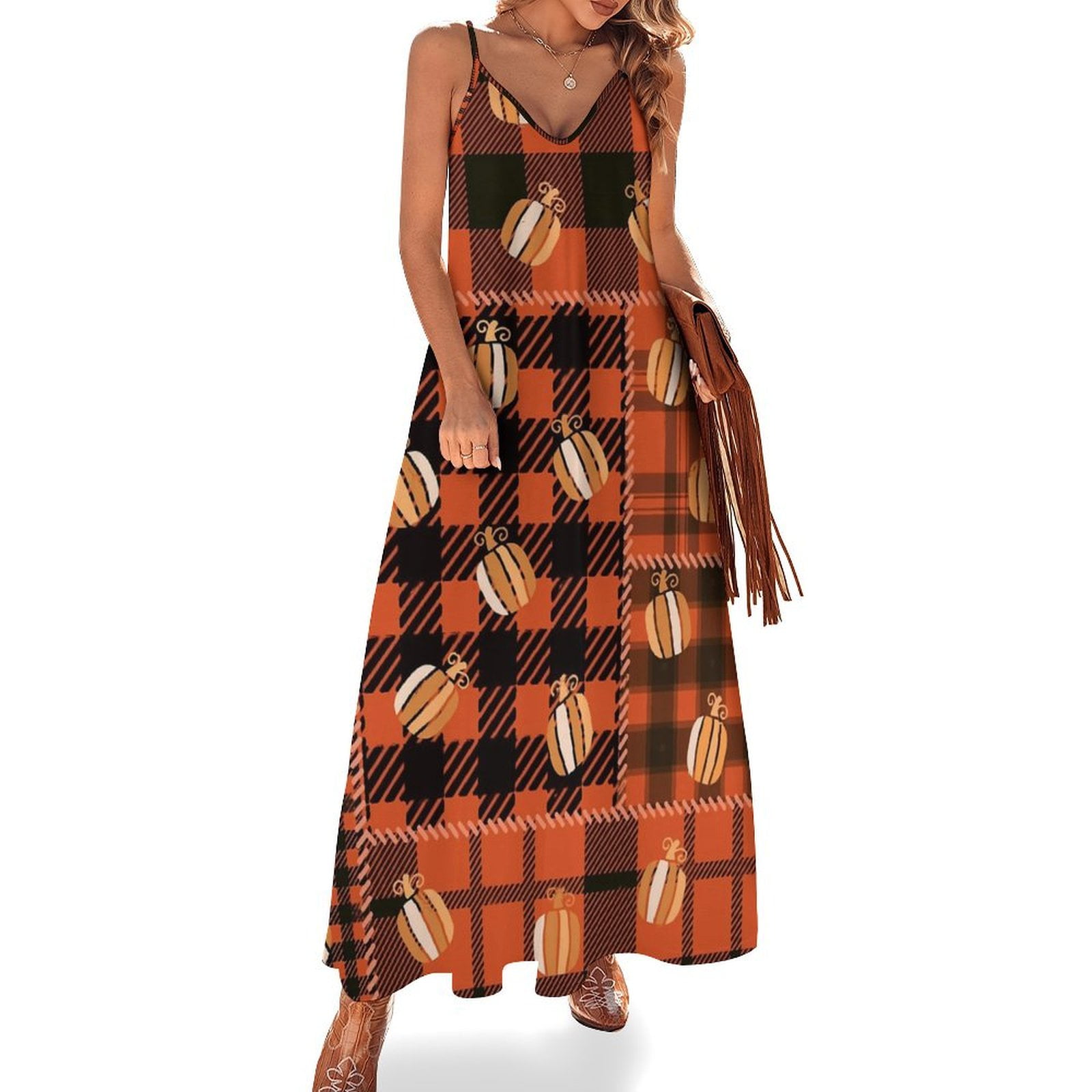 Stained Glass Pumpkins Dress Blue And Oranger Sexy Maxi Dress V Neck ...