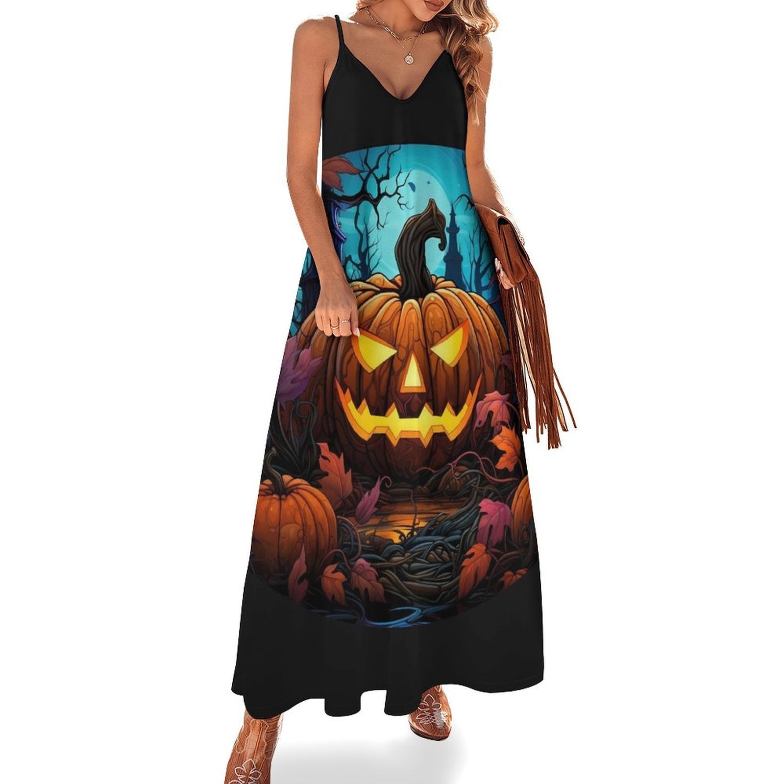 Stained Glass Pumpkins Dress Blue And Oranger Sexy Maxi Dress V Neck ...