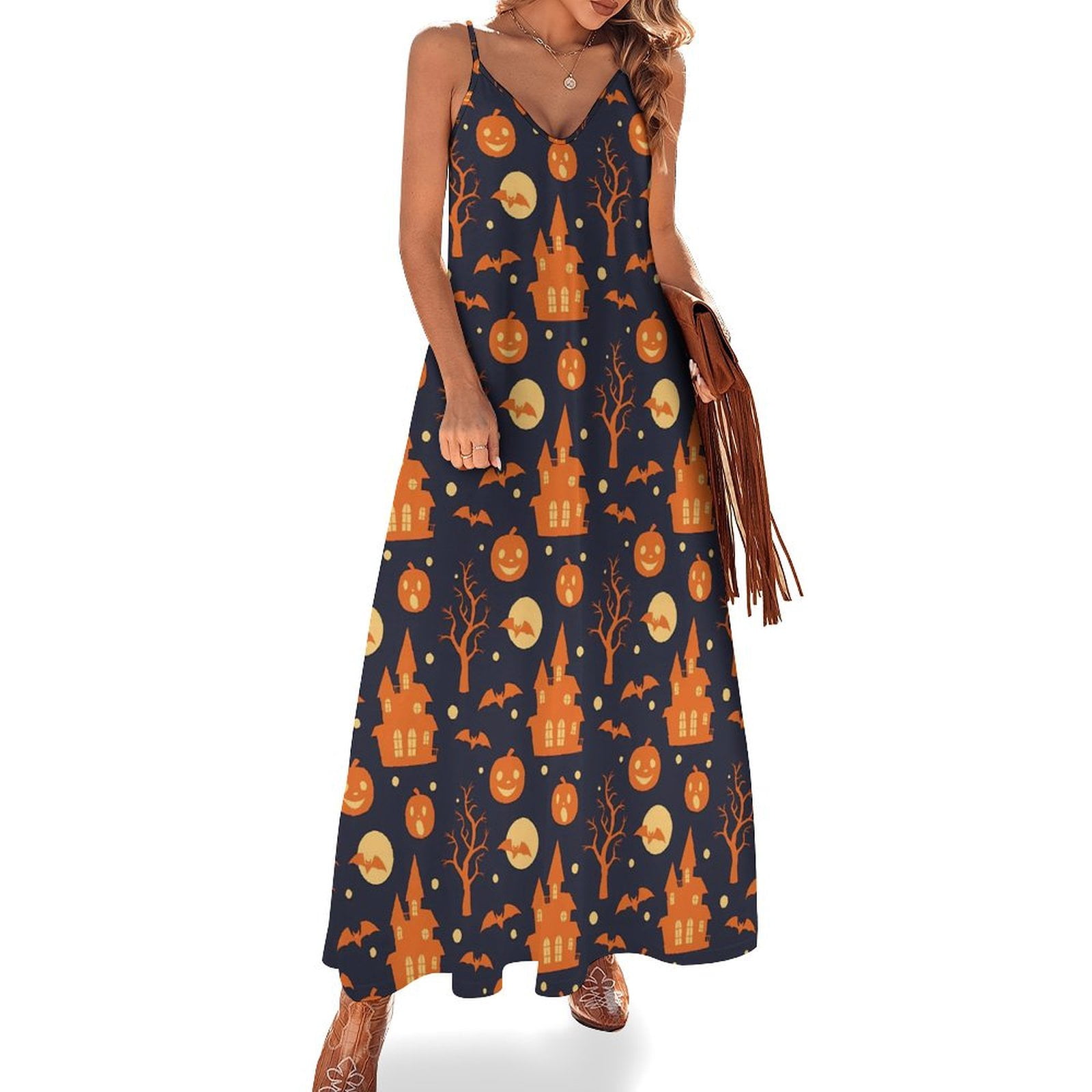 Stained Glass Pumpkins Dress Blue And Oranger Sexy Maxi Dress V Neck ...