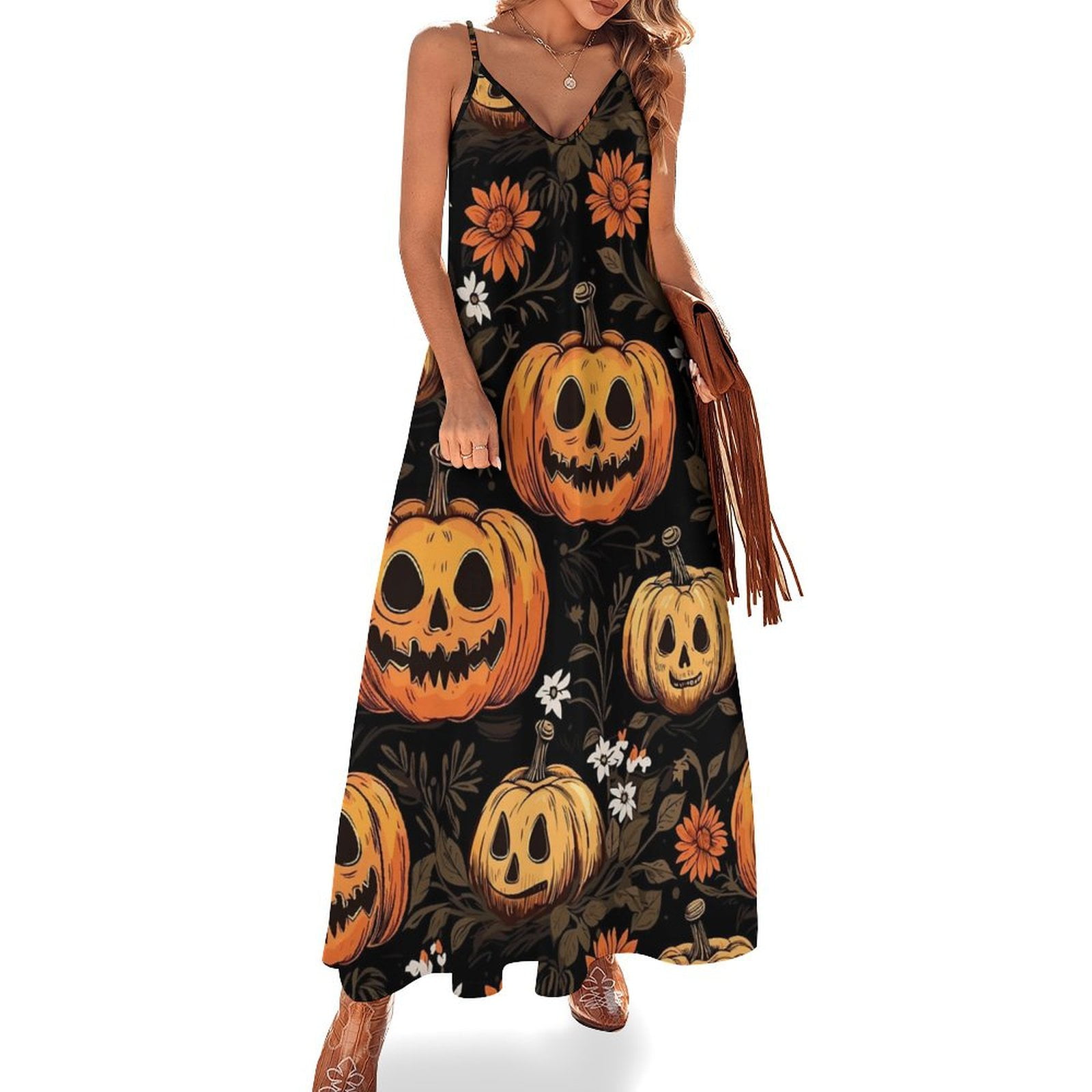Stained Glass Pumpkins Dress Blue And Oranger Sexy Maxi Dress V Neck ...