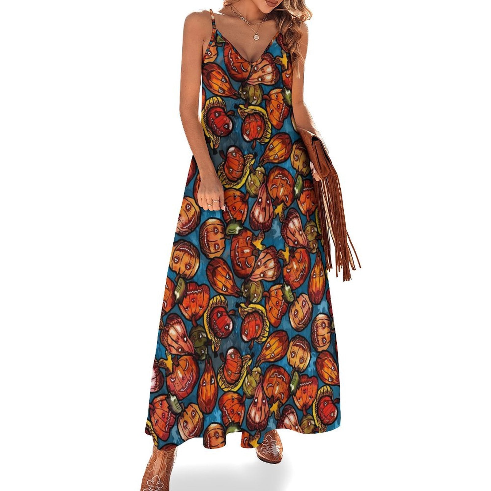 Stained Glass Pumpkins Dress Blue And Oranger Sexy Maxi Dress V Neck ...