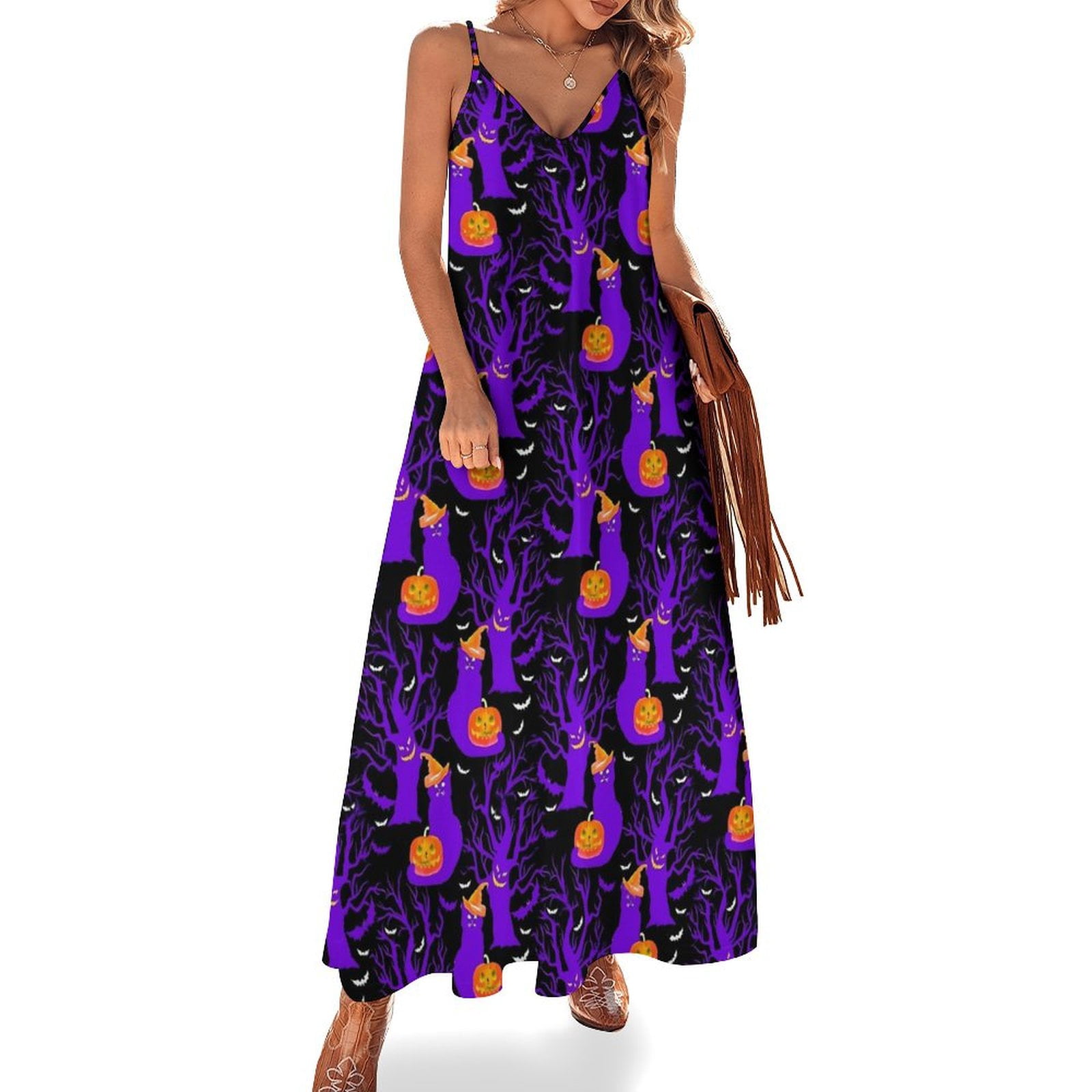Stained Glass Pumpkins Dress Blue And Oranger Sexy Maxi Dress V Neck ...