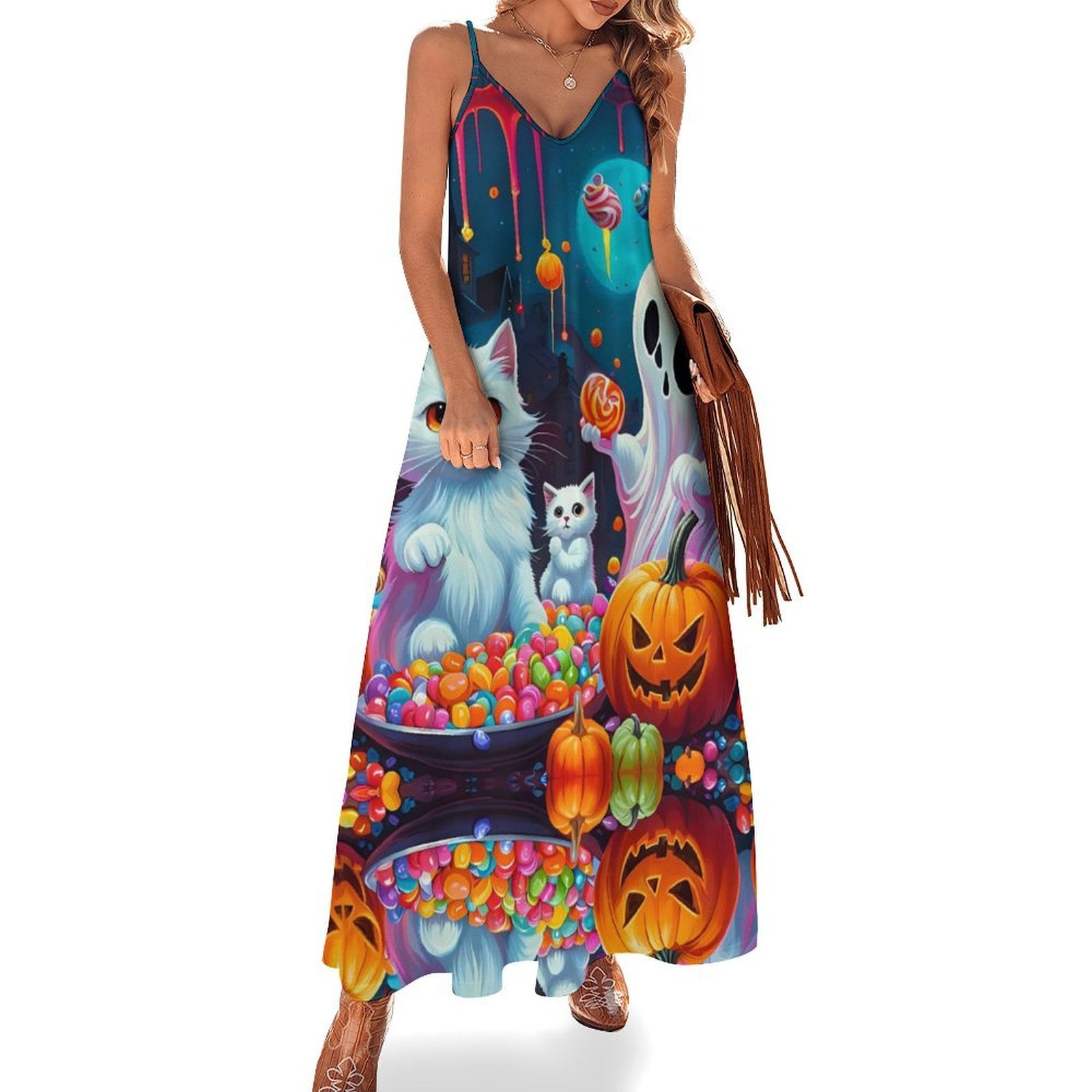 Stained Glass Pumpkins Dress Blue And Oranger Sexy Maxi Dress V Neck ...