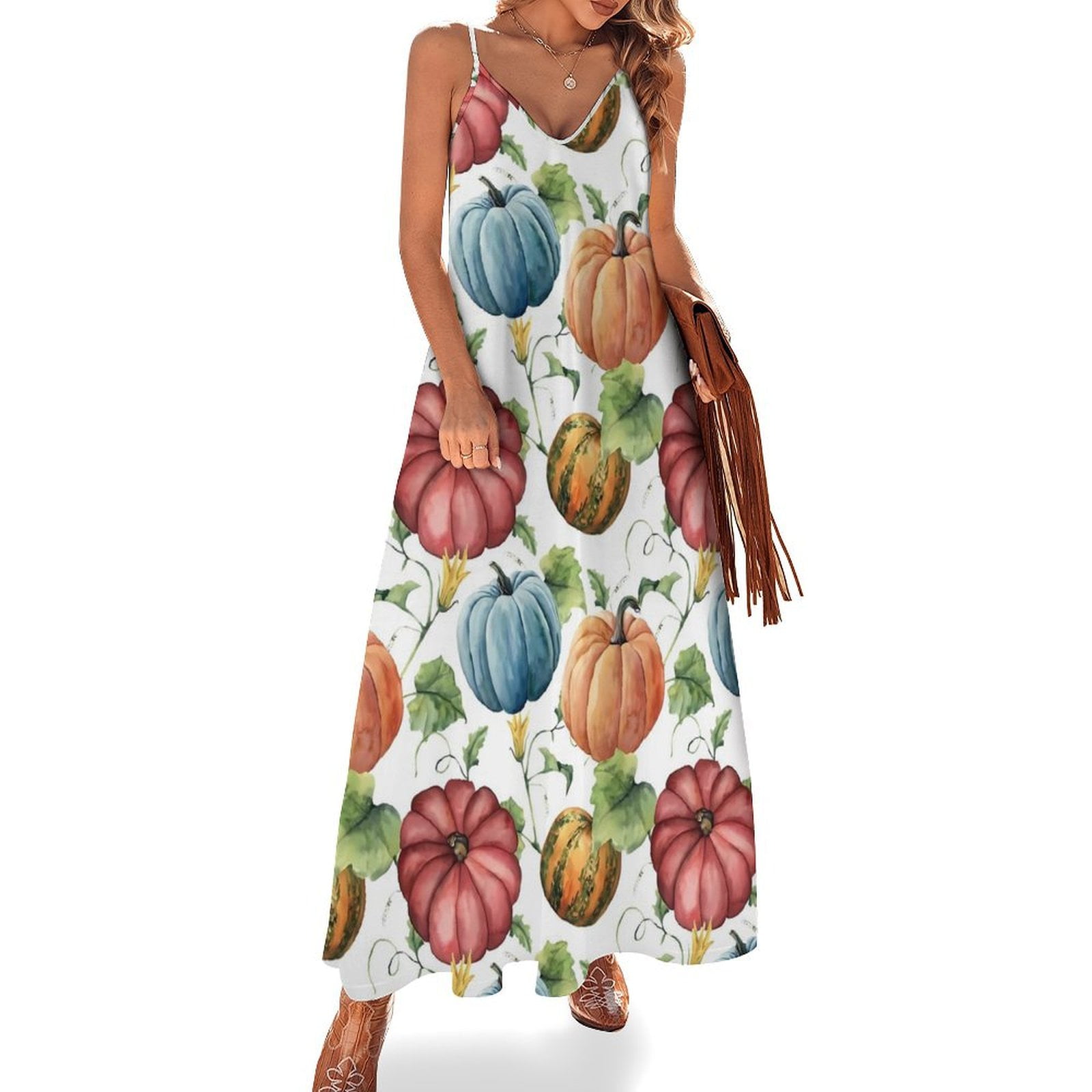 Stained Glass Pumpkins Dress Blue And Oranger Sexy Maxi Dress V Neck ...