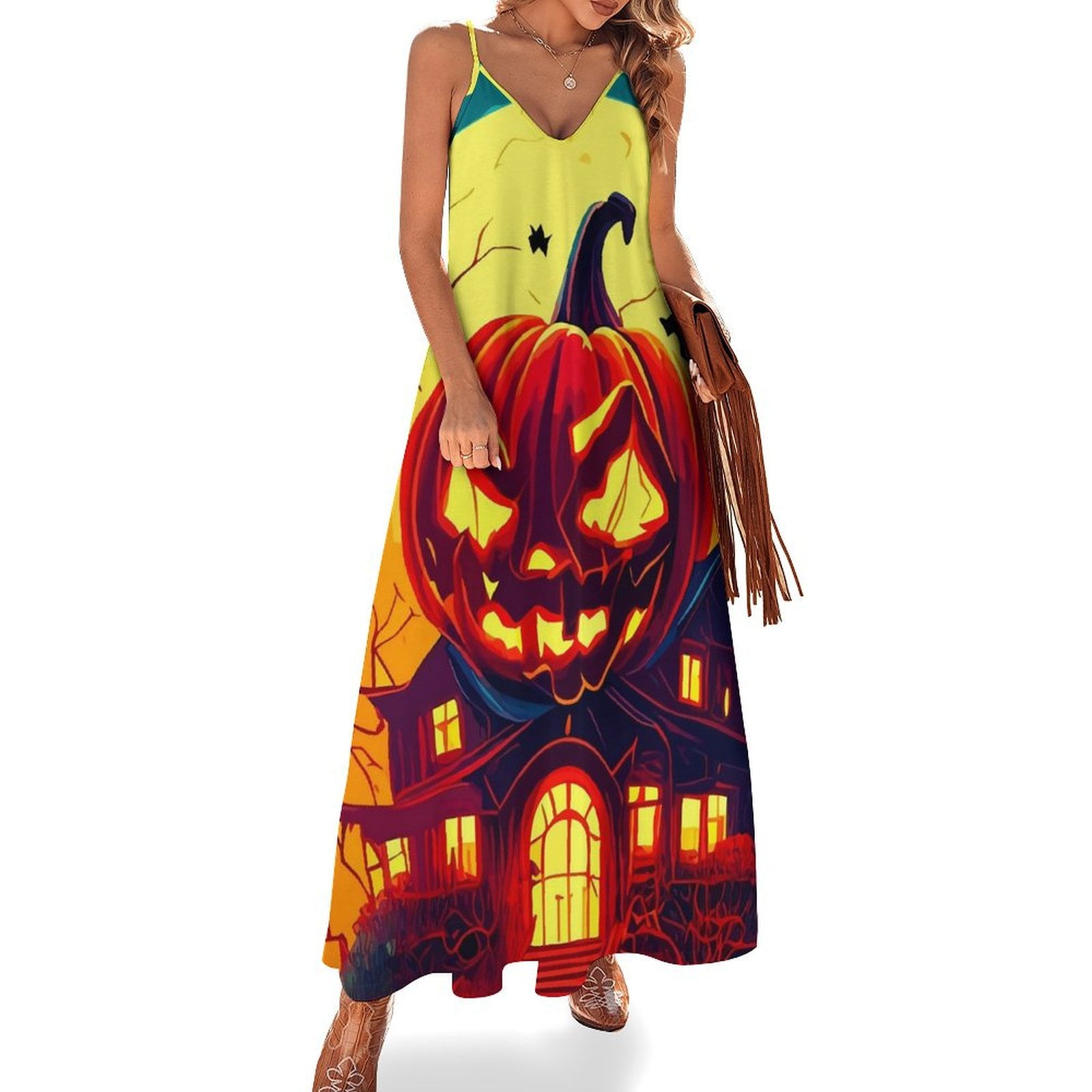 Stained Glass Pumpkins Dress Blue And Oranger Sexy Maxi Dress V Neck ...