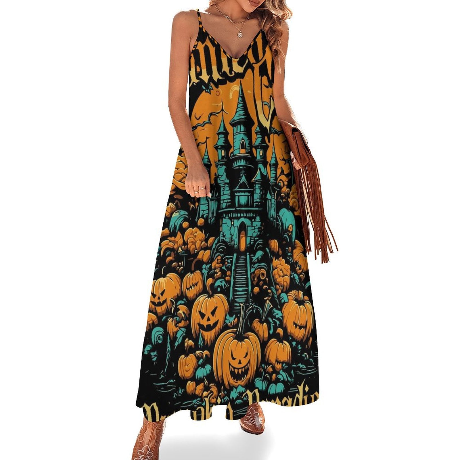 Stained Glass Pumpkins Dress Blue And Oranger Sexy Maxi Dress V Neck ...