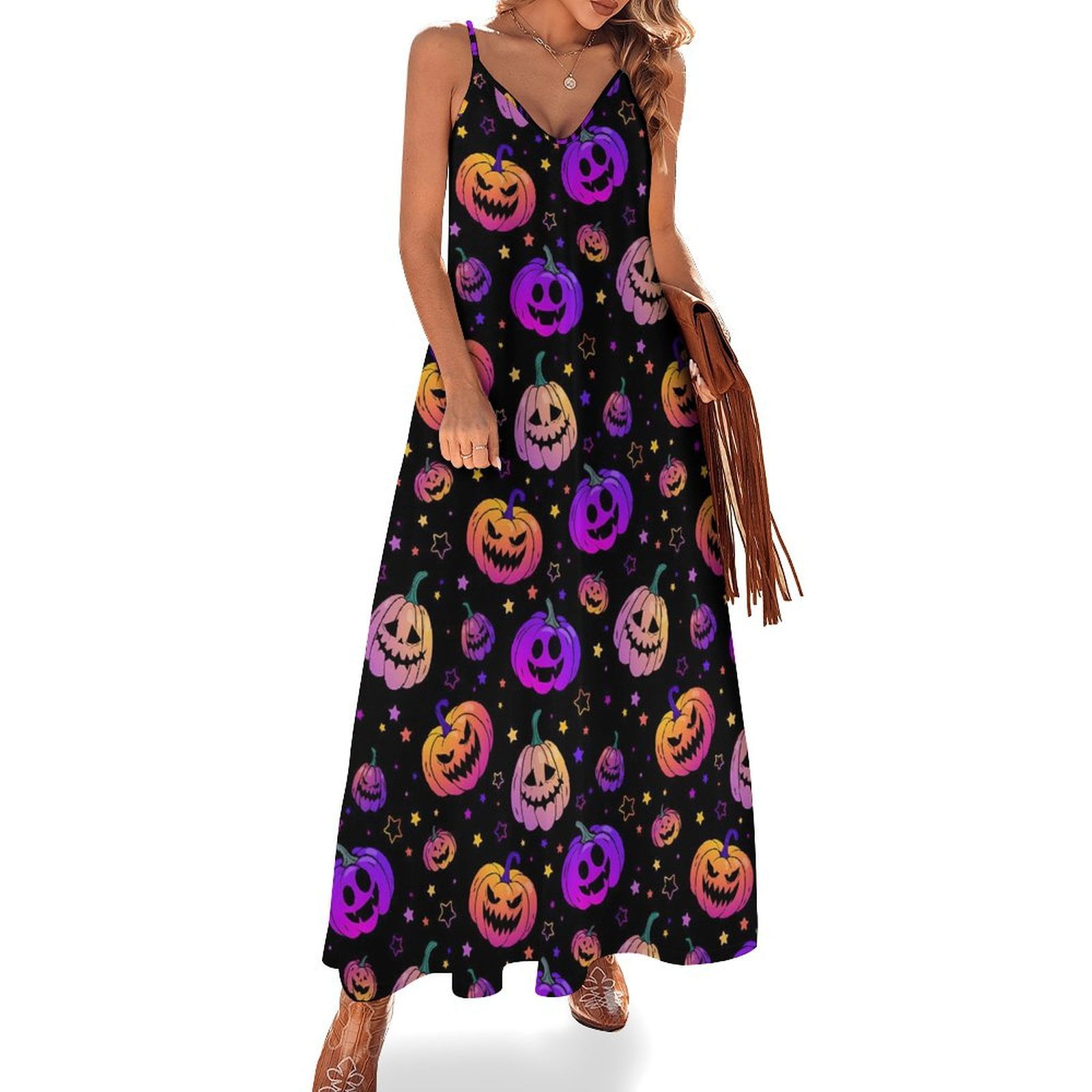 Stained Glass Pumpkins Dress Blue And Oranger Sexy Maxi Dress V Neck ...
