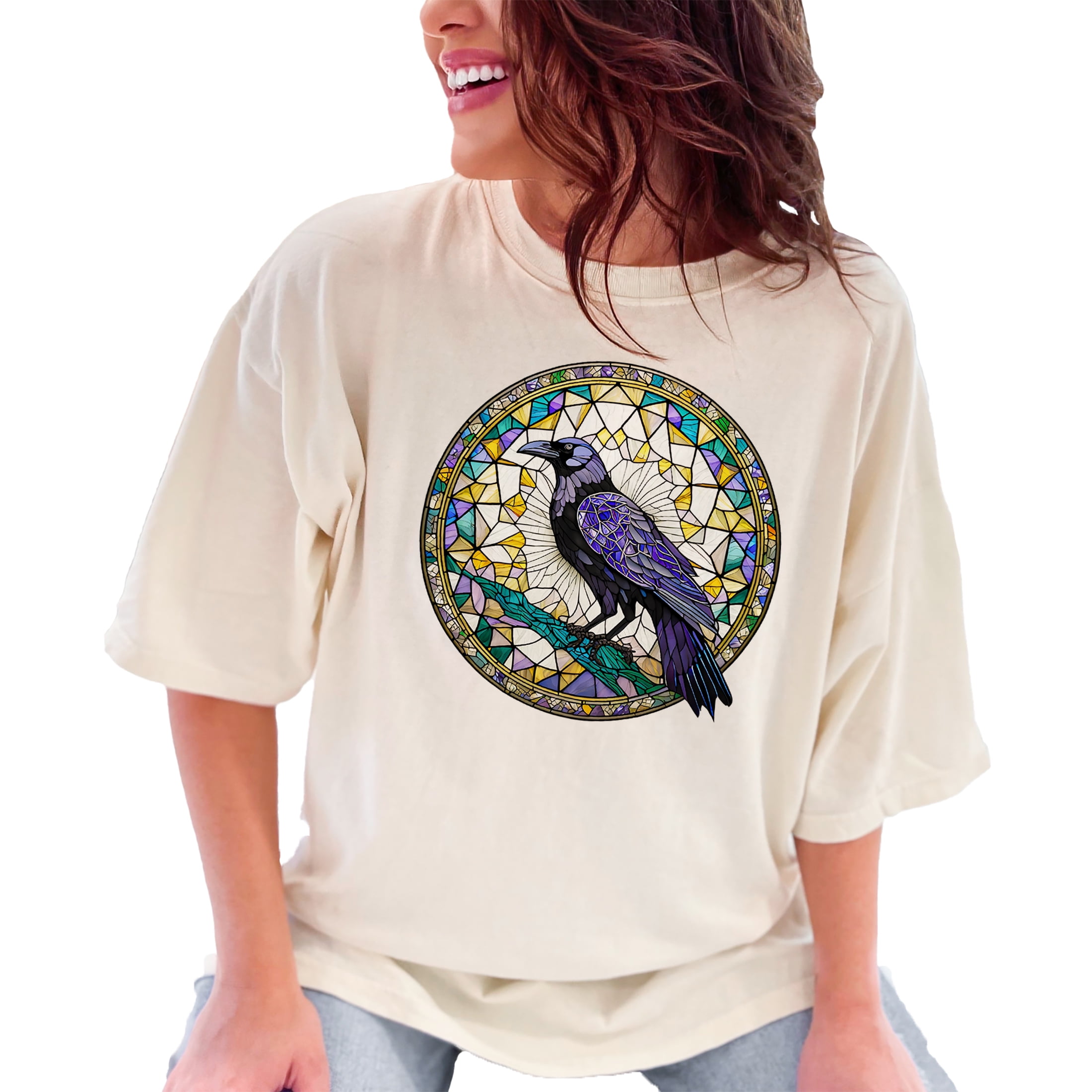 Stained Glass Raven T-Shirt, Colorful Bird Art Tee, Gothic Crow Design ...