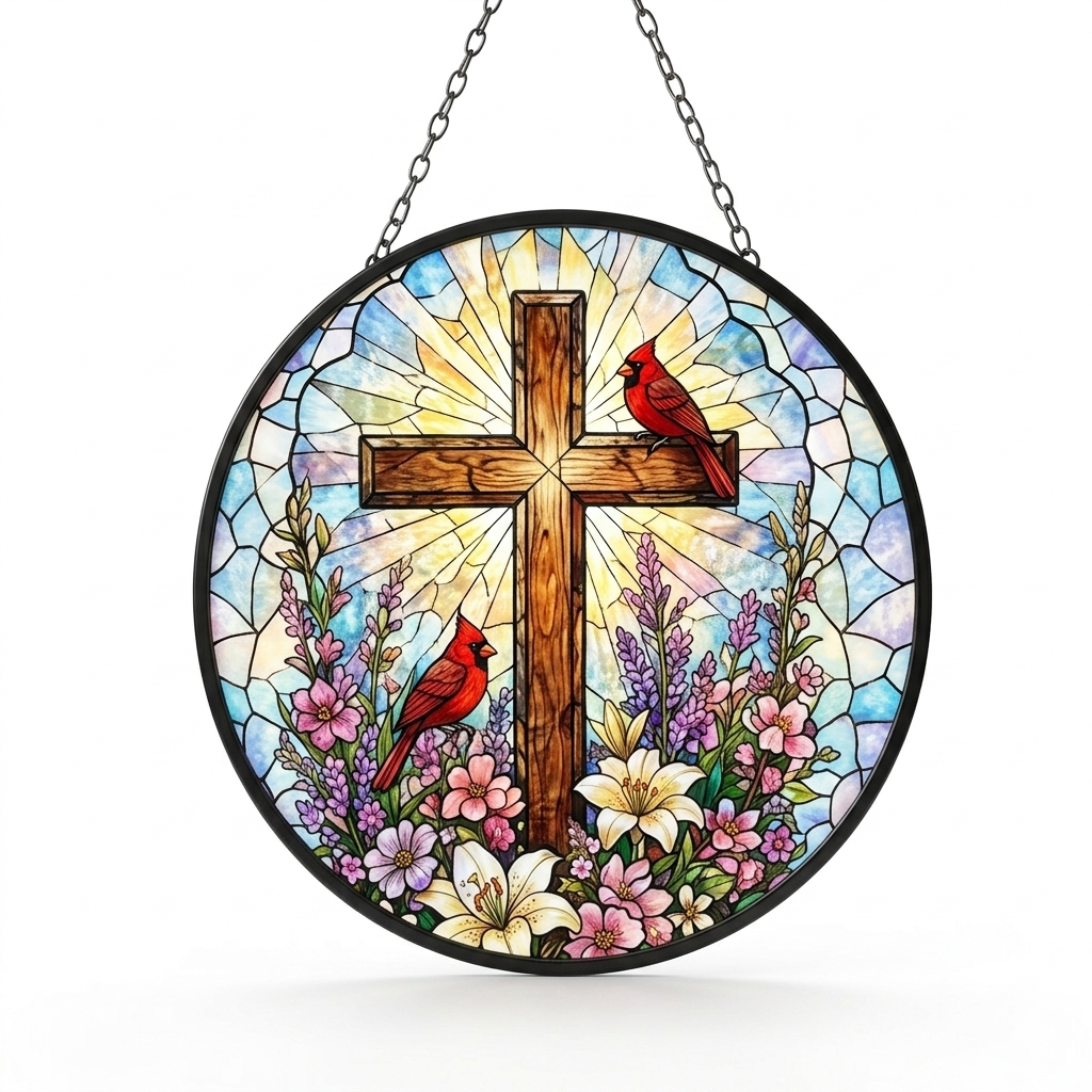 Stained Glass Red Cardinal Cross Suncatcher, Religious Easter Floral ...