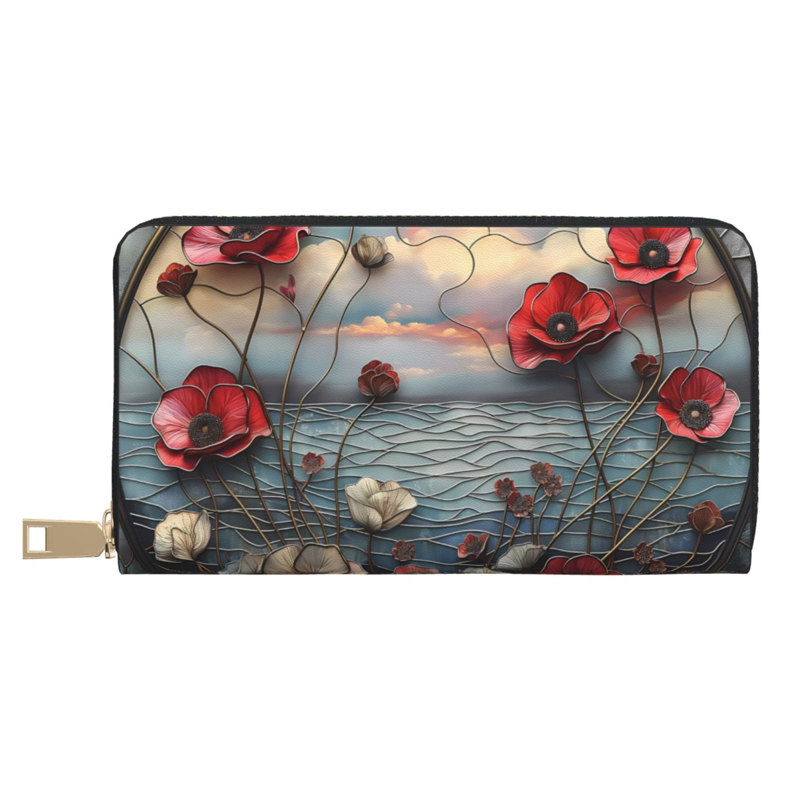 Stained Glass Red Flower Wallet Women, Leather Bifold Multi Card Wallet ...
