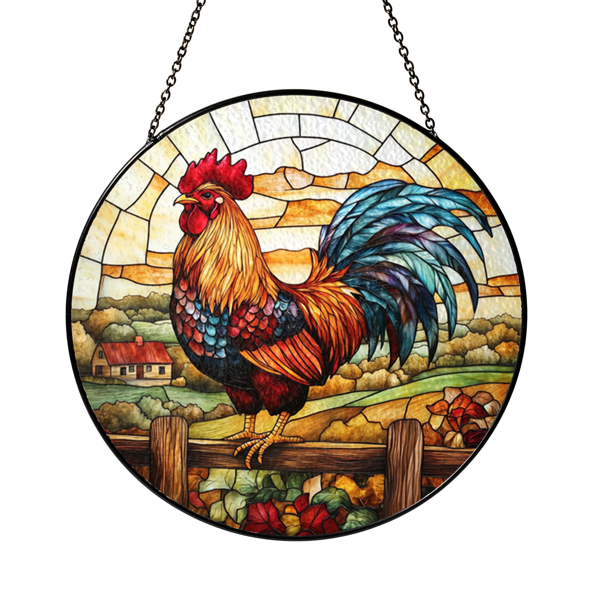 Stained Glass Rooster Cottage Farm Scene Suncatcher Window Decor ...